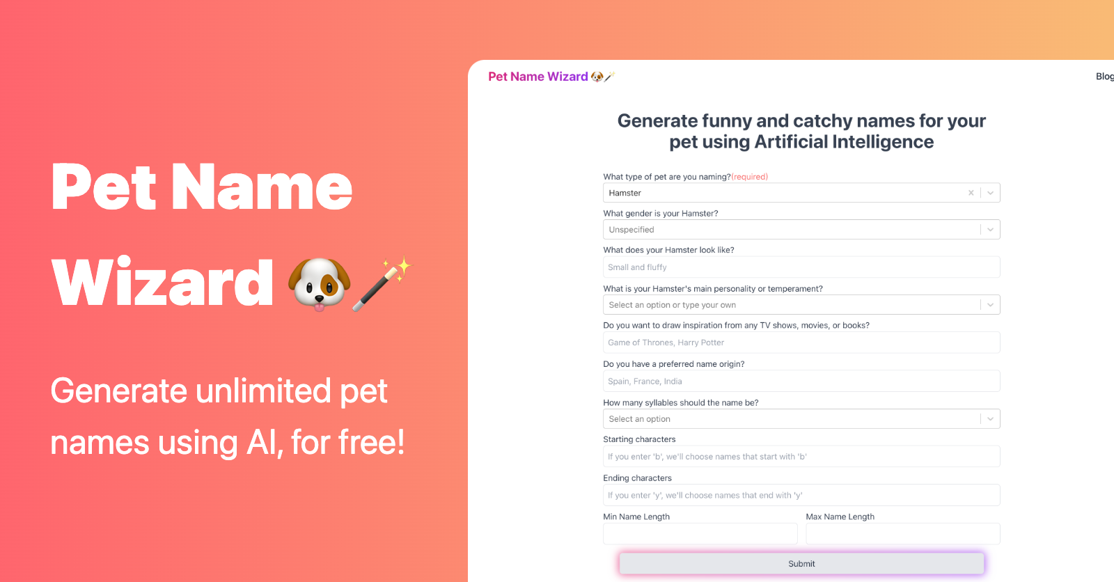 Pet Name Wizard - Generate pet names for free using AI